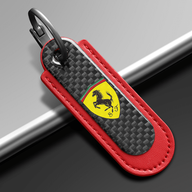 Ferrari Carbon Fiber Red Leather Keychain